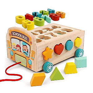 Classic Wooden Toddler Toy Age 2-4 Pulling Bus 123 Number Learning Shape Puzzle Sorting Match Game Montessori Sensory Material for Kids