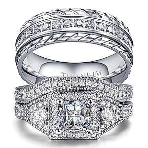 Two Rings His Hers Wedding Ring Sets Couples Matching Rings Women's 2pc White Gold Filled Square CZ Wedding Engagement Ring Bridal Sets & Men's Titanium Wedding Band