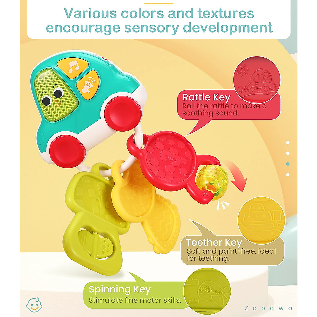 Zooawa Baby Toy Musical Car Key with Light and Sound, 9-12 Months for 1 2 3 4+ Year Old Boys Girls Gifts, Christmas Early Educational Learning Play Toy Smart Remote Key Toy for Kids Toddler Infants