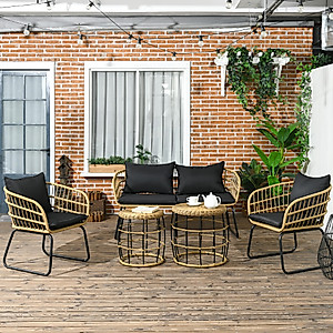 Outsunny 5 Piece PE Rattan Outdoor Furniture Set with Cushioned Chairs & Loveseat Sofa, Patio Sectional Furniture Set, Conversation Sofa Set with Stackable Coffee Tables, Black