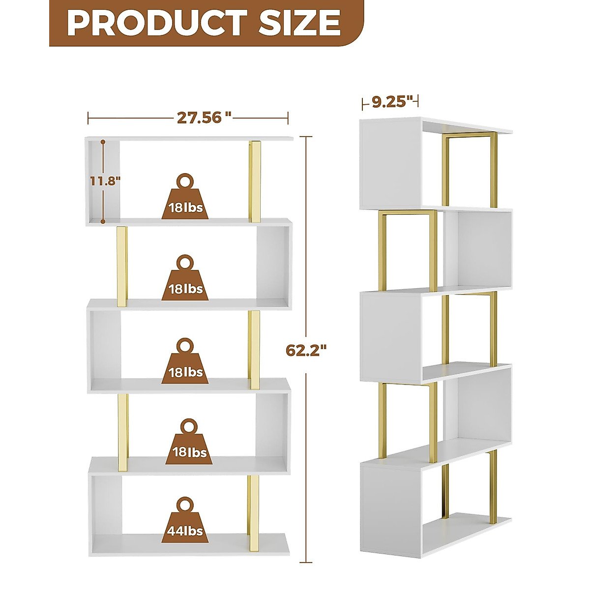 Gadroad 5 Tier Geometric Bookcase,S Shaped Bookshelf, Wood Decorative Storage Shelving, Modern Freestanding Display Shelves, Tall Book Shelf Unit for Living Room Bedroom, Gold