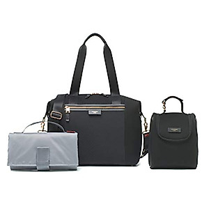 Stevie Luxe Scuba Black Modern Style Baby Diaper Bag by Storksak | Water-Resistant, Large Capacity Multi-Functional Bag with Smooth Leather Trim and Rose Gold Hardware | Shoulder and Stroller Straps