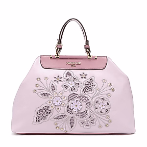 Nicole Lee Cornelia Floral Diamond Embroidered Satchel, Flower Handbag with Optional Crossbody Strap, 3 Compartments (Lavender)