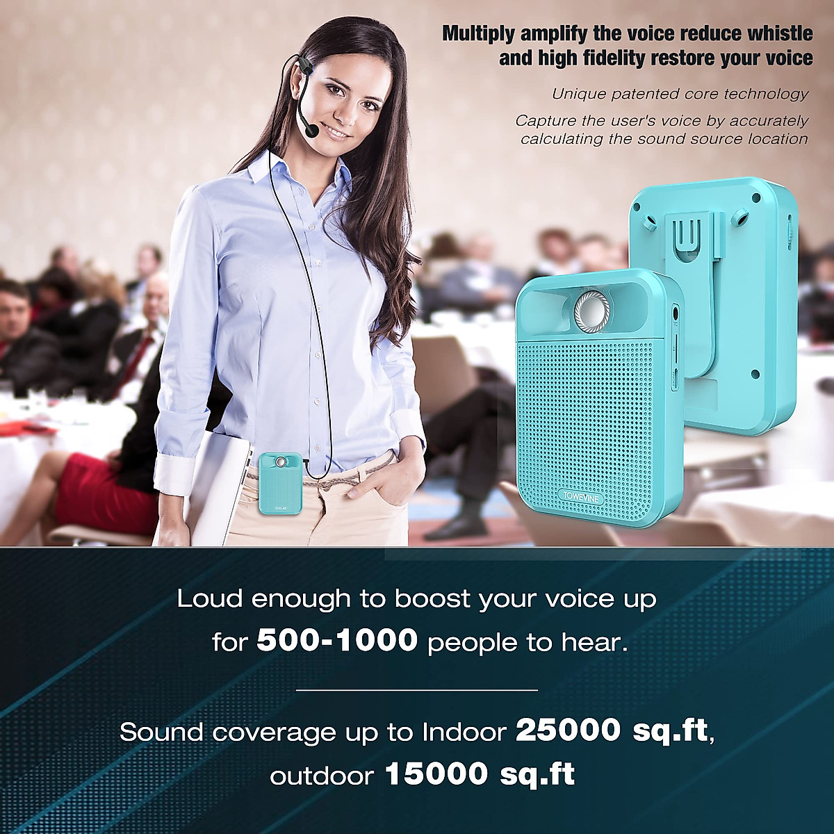 Voice Amplifier, Towevine Portable Rechargeable Microphone Speaker with Headset and Waistband for Teachers, Classroom, Singing, Coach, Training, Presentation, Tour Guide - Blue