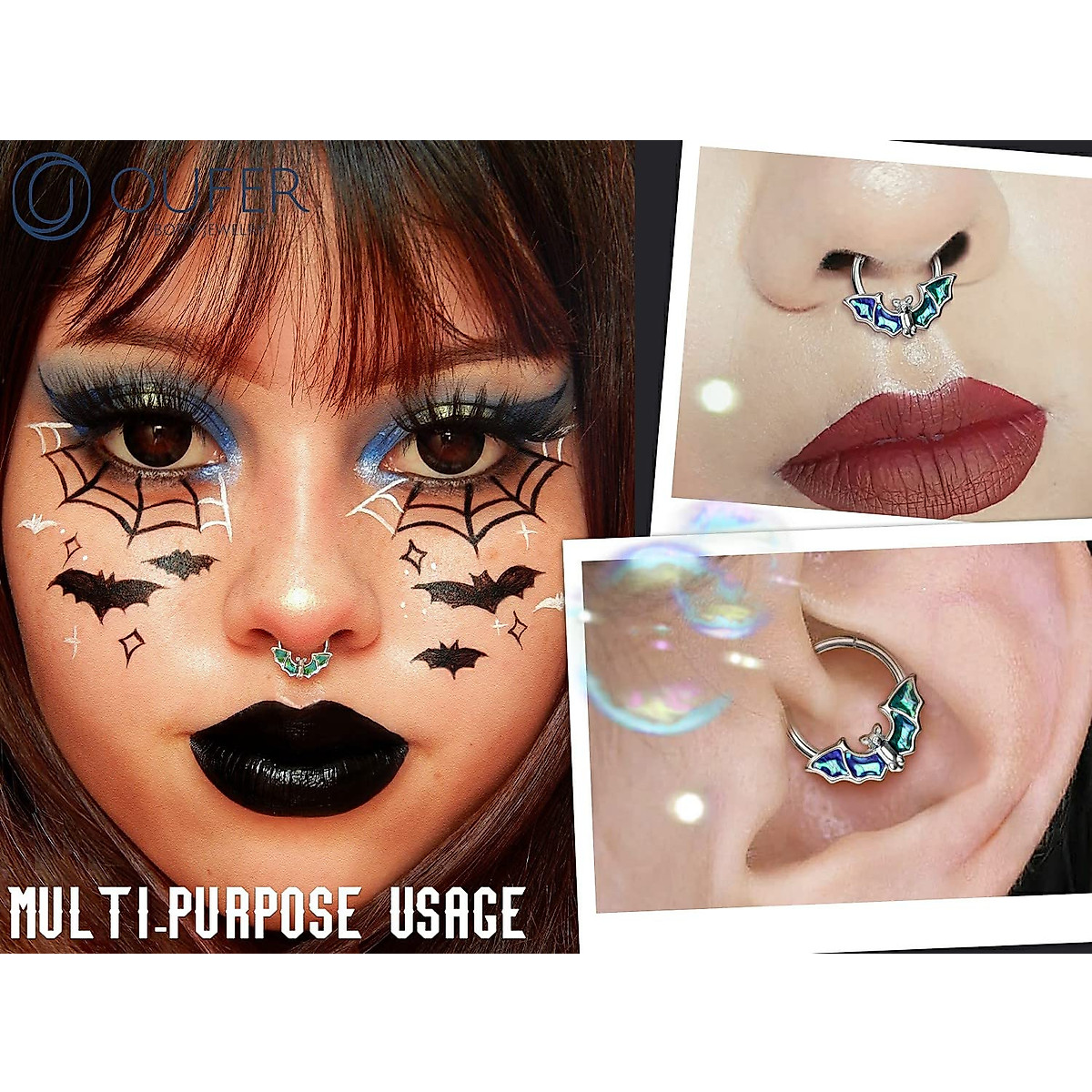 OUFER 16G Septum Rings Hoops, 316L Stainless Steel Septum Piercings, Black Bat Design Cartilage Earrings, Helix Conch Daith Piercing Jewelry for Women and Men-10MM