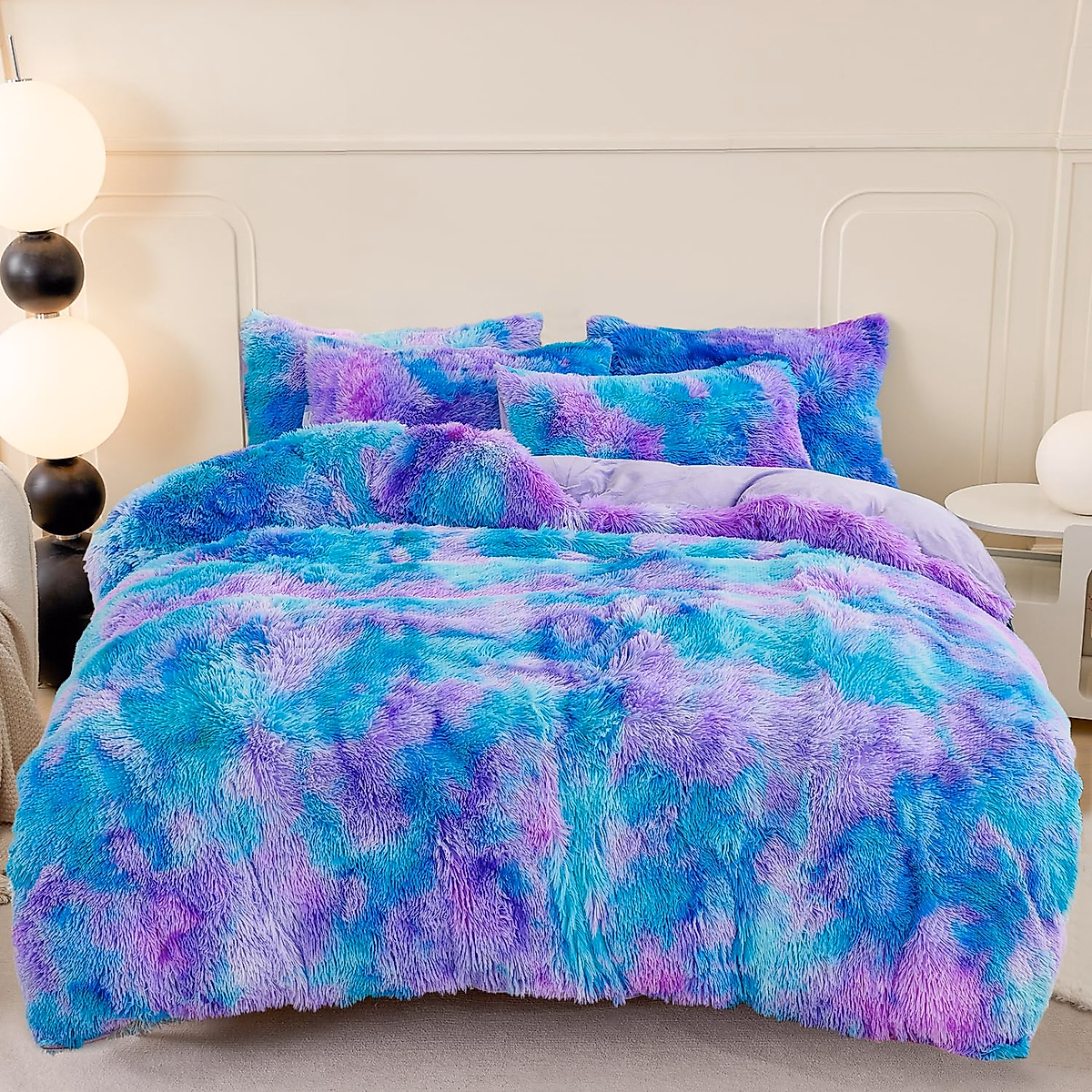 SUCSES Blue Purple Fluffy Twin Bedding Sets for Girls 3Pcs Faux Fur Plush Shaggy Kids Duvet Cover Set Twin Size Tie Dye Velvet Furry Comforter Cover Set (Blue Purple, Twin)