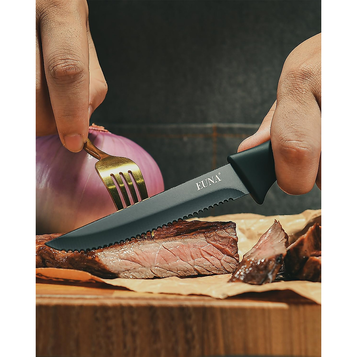 EUNA Kitchen Knife Set, 19 PCS Black Knife Set with Acrylic Block and Sharpener, German High-Carbon Stainless Steel Knife Sets with 6 Serrated Steak Knives, Bread Knife, Chef Knife, Dishwasher Safe