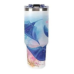 WYUSPGK 40oz Stainless Steel Car Mug, Sea Animals Stingrays Print Travel Mug, Double-Wall Insulated with Straw, Perfect for Car, Office, Outdoor