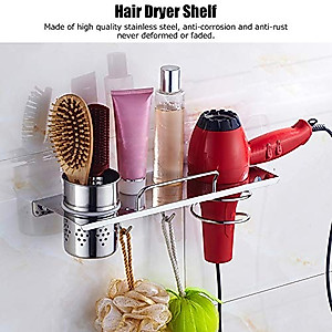 Stainless Steel Multifunctional Hair Dryer Rack with Storage Cup Wall Mounted Hair Dryer Storage Organizer Rack Holder Hanger for Bathroom Salon Stylist Tool Silver