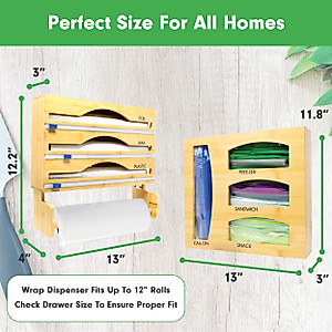 Foil and Plastic Wrap Organizer - Zip Lock Bag Organizer Plastic Wrap Dispenser with Cutter – Premium Bamboo Plastic Bag Organizer with Paper Towel Holder – Easy Installation
