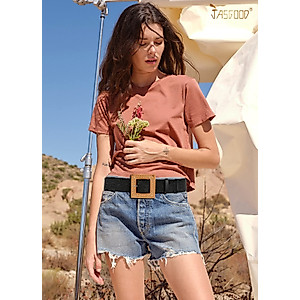 JASGOOD Set of 4 Women Skinny Elastic Dress Belt, Straw Woven Stretchy Waistband Fashion Large Style Buckle (Black+Beige+Stripe+Khaki,Waist Size Below 35 Inch)