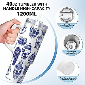 Xiexide 40oz Fits Cup Holder Sports Blue And White Porcelain Chinese Style Chinoiserie Antique Double Walled Vacuum Insulatedith Handle And Straw,Hot & Cold Drinks