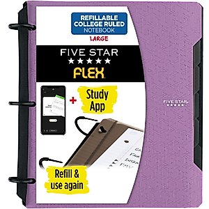 Five Star Flex Refillable Notebook + Study App, College Ruled Paper, 1 Inch TechLock Rings, Pockets, Tabs and Dividers, 200 Sheet Capacity, Purple (29328AB6)