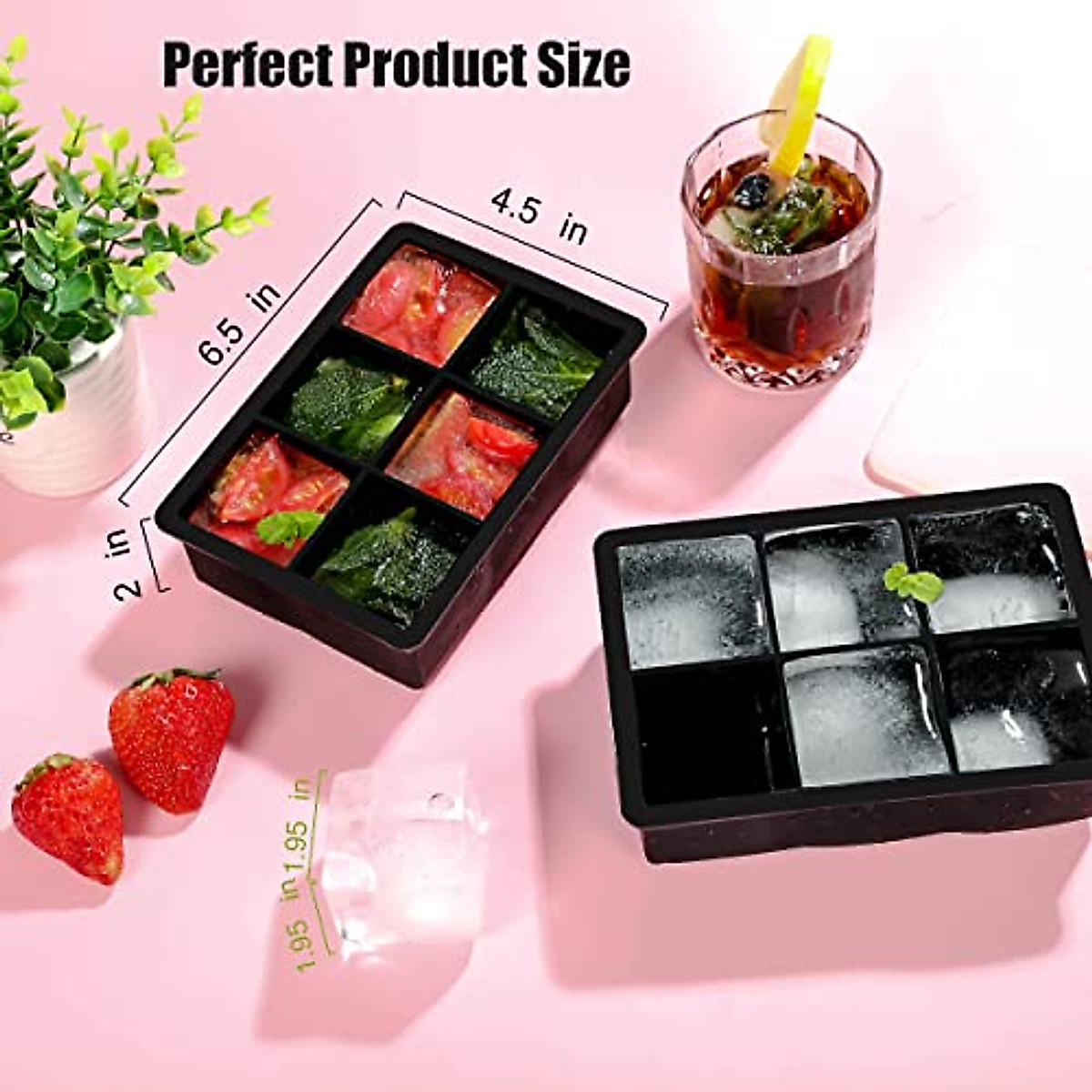 Large Ice Cube Tray 2 Pack Silicone Ice Cube Trays with Lid for Freezer Stackable Ice Cube Mold for Making Large Square Ice Cubes for Cocktails & Bourbon- Black