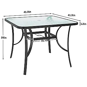 soges 41in Outdoor Patio Bistro Coffee Tea Table, Square Tempered Glass Steel Frame Dining Table with Umbrella Hole,All Weather Outside Desk for Garden Lawn Balcony Backyard, Black 30LHYW-OT03BK105