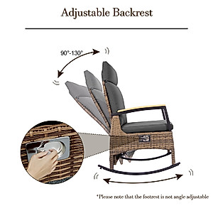 MAXXPRIME Outdoor Recliner Chairs, Adjustable Patio Recliner with C Shaped Glass Top Side Table, Wicker Reclining Lounge Chairs, Rocking Chairs with Removable Cushions for Pool,Deck(Dark Gray)