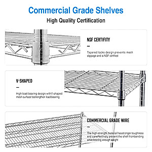 Metal Storage Shelves with Wheels, NSF Shelving Unit 60 X 18 X 72, 1325 Lbs Capacity, 5 Tier Heavy Duty Wire Shelving Rack, Commercial Metal Shelves for Storage, Garage, Pantry, Kitchen, Chrome