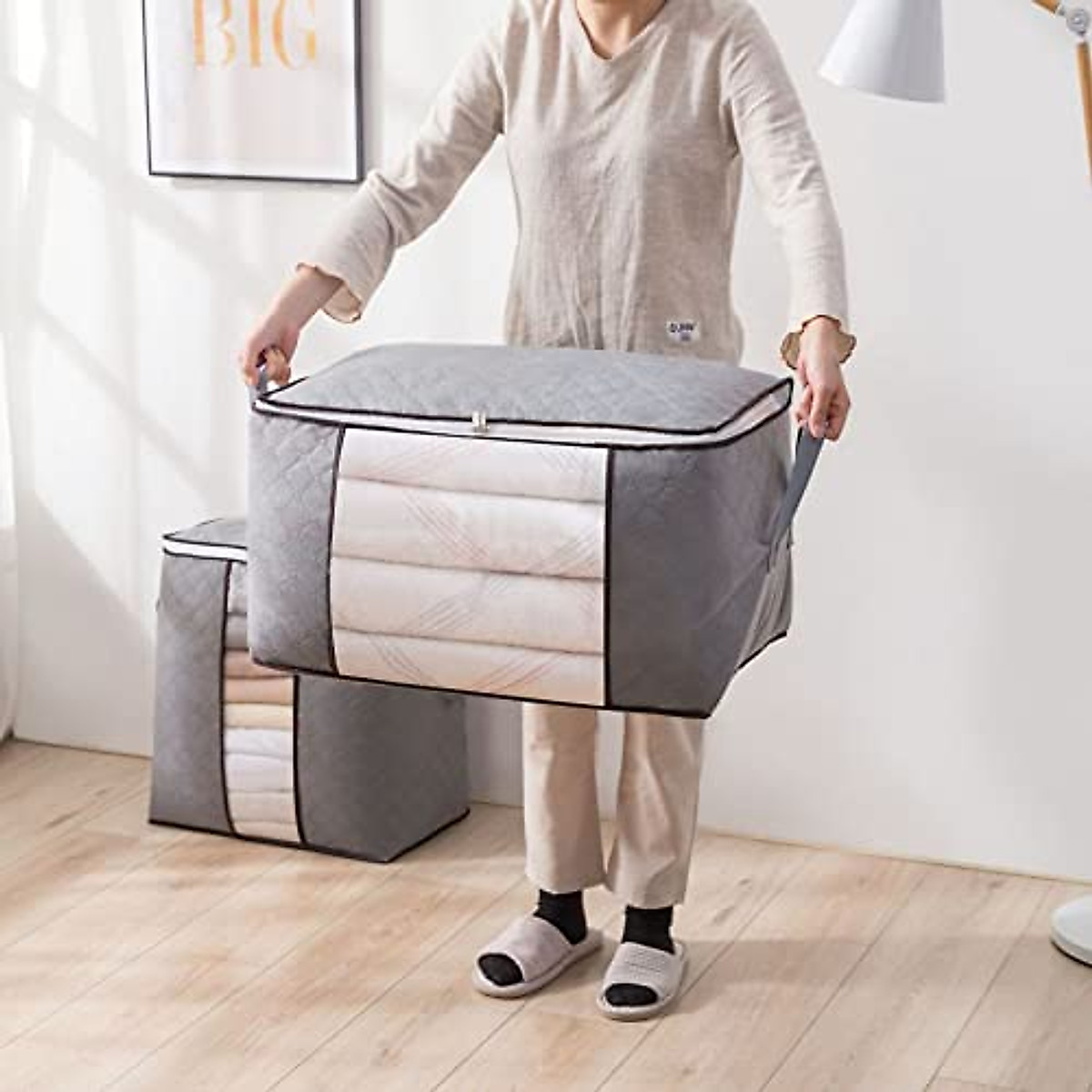 2PCS 90L Large Storage Bags Home Quilt Storage Bag Foldable Non-Woven Transparent Window Handle Storage Bag for Comforters, Clothing, Blanket, Bedding and Toys