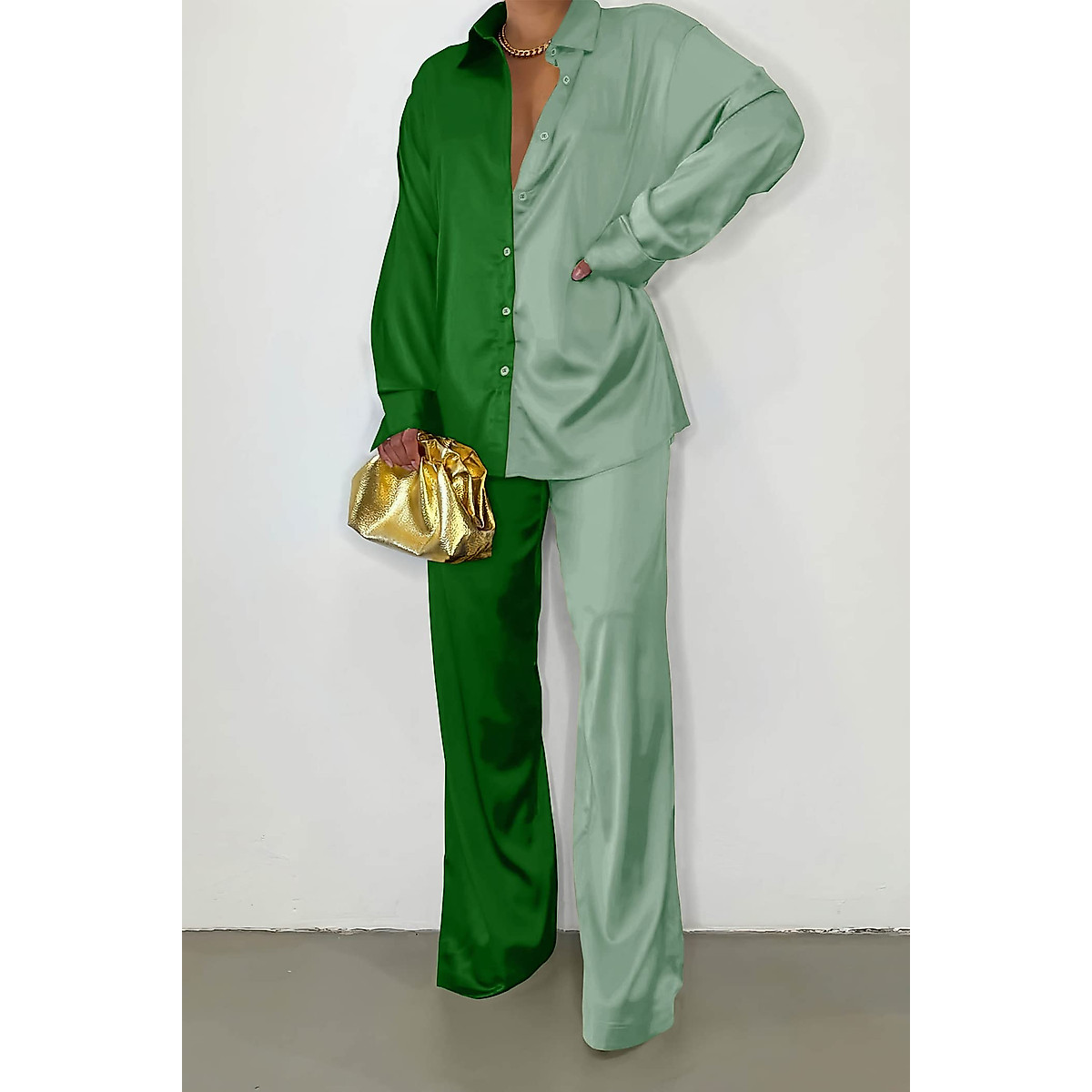 PRETTYGARDEN Women's 2 Piece Satin Outfits Long Sleeve Button Down Tops Wide Leg Pants Silk Loungewear Pajama Sets (Grass Green_Light Green,Medium)