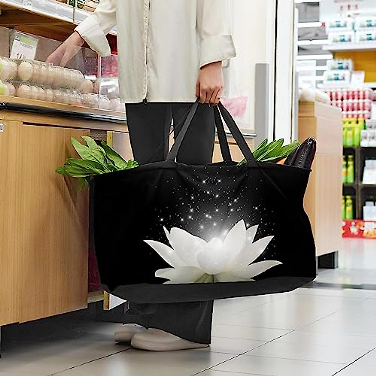 KQNZT Reusable Grocery Bags, Heavy Duty Reusable Shopping Bags, Large Tote Bags with Long Handles and Reinforced Bottom, White Lotus Art