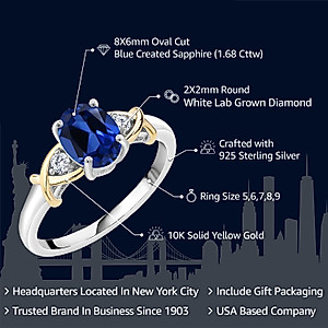 Gem Stone King 2 Tone 10K Yellow Gold and 925 Sterling Silver Blue Created Sapphire and Lab Grown Diamond Ring For Women (1.68 Cttw, Available in Size 5,6,7,8,9)
