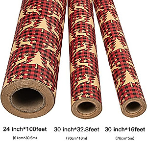RUSPEPA Christmas Wrapping Paper,Kraft Paper - Red and Black Plaid Reindeer Design - 24 Inches x 100 Feet