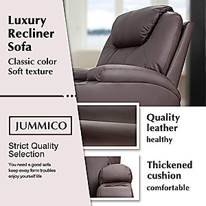JUMMICO Recliner Chair Massage and Heating Living Room Chair, Rocking and 360° Swivel Home Leather Sofa with 2 Cup Holders and Side Pockets (Brown)
