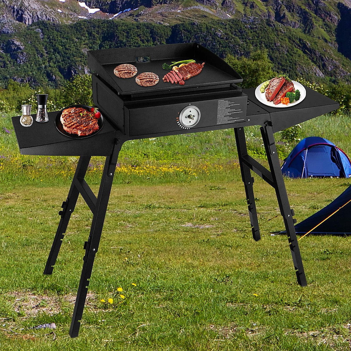 Raweao Universal Portable Griddle Stand - Grill Griddles Stand Fit for Blackstone 17” or 22” Propane Table Top Griddle with Two Side Shelf, Ideal for Outdoor Cooking & Camping