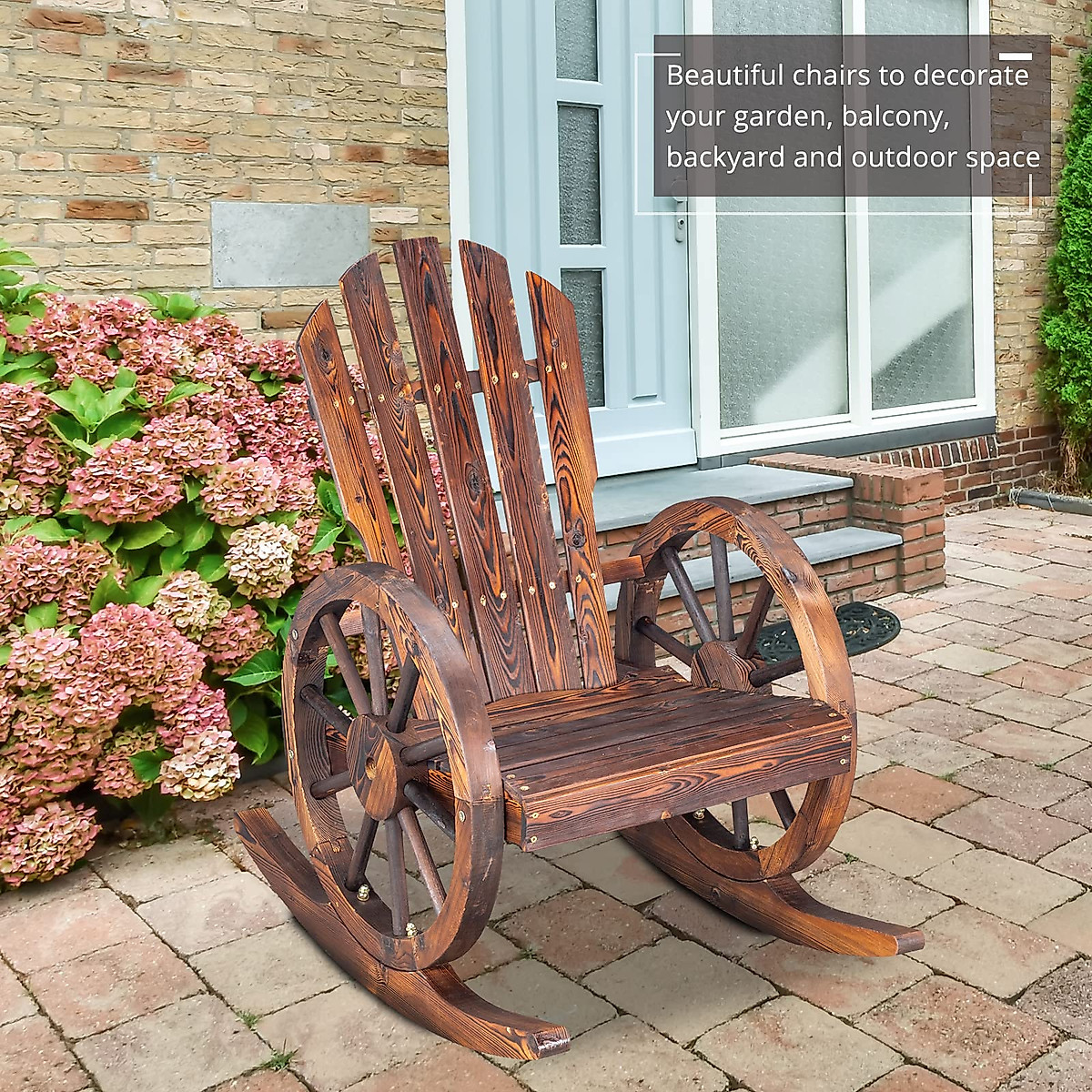 Ynredee Wooden Rocking Chair,Patio Rocker Chair with Slatted Design and Oversized Back Wagon Wheel Armrest for Porch,Poolside,Garden