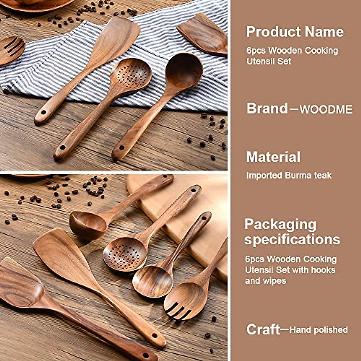 Wooden Spoons for Cooking WOODME 6pcs Wooden Kitchen Utensils Set,Natural Teak Wooden Spoons Cooking Utensil Set For Non Stick Pan With 6 Hooks & 1PCS Kitchen Dish Towels