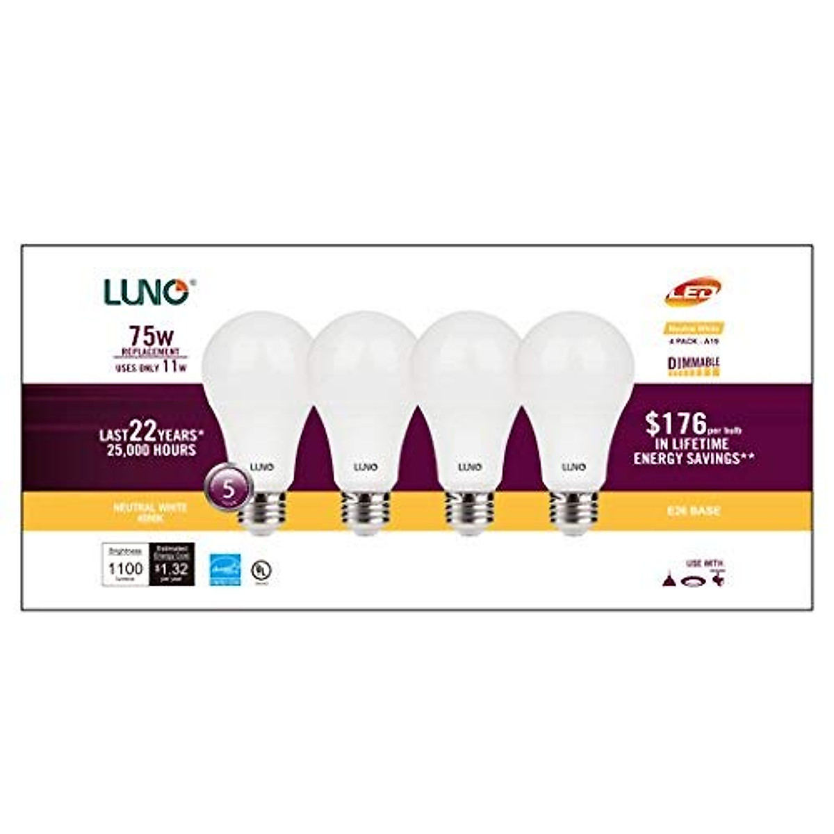 LUNO A19 Dimmable LED Bulb, 11W (75W Equivalent), 1100 Lumens, 4000K (Neutral White), Medium Base (E26),UL & Energy Star (4-Pack)