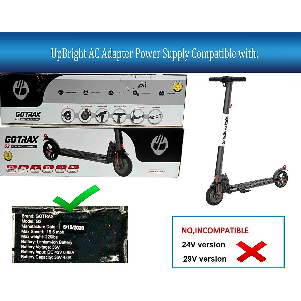 UpBright 42V AC/DC Adapter Compatible with GOTRAX XR Elite Ultra GXL V2 GT-GXV2-BLA G4 Apex G2 SRX Pro 36V Lithium-ion Battery Hooverboard Electric Scooter Hover Board 42VDC Power Supply Cord Charger