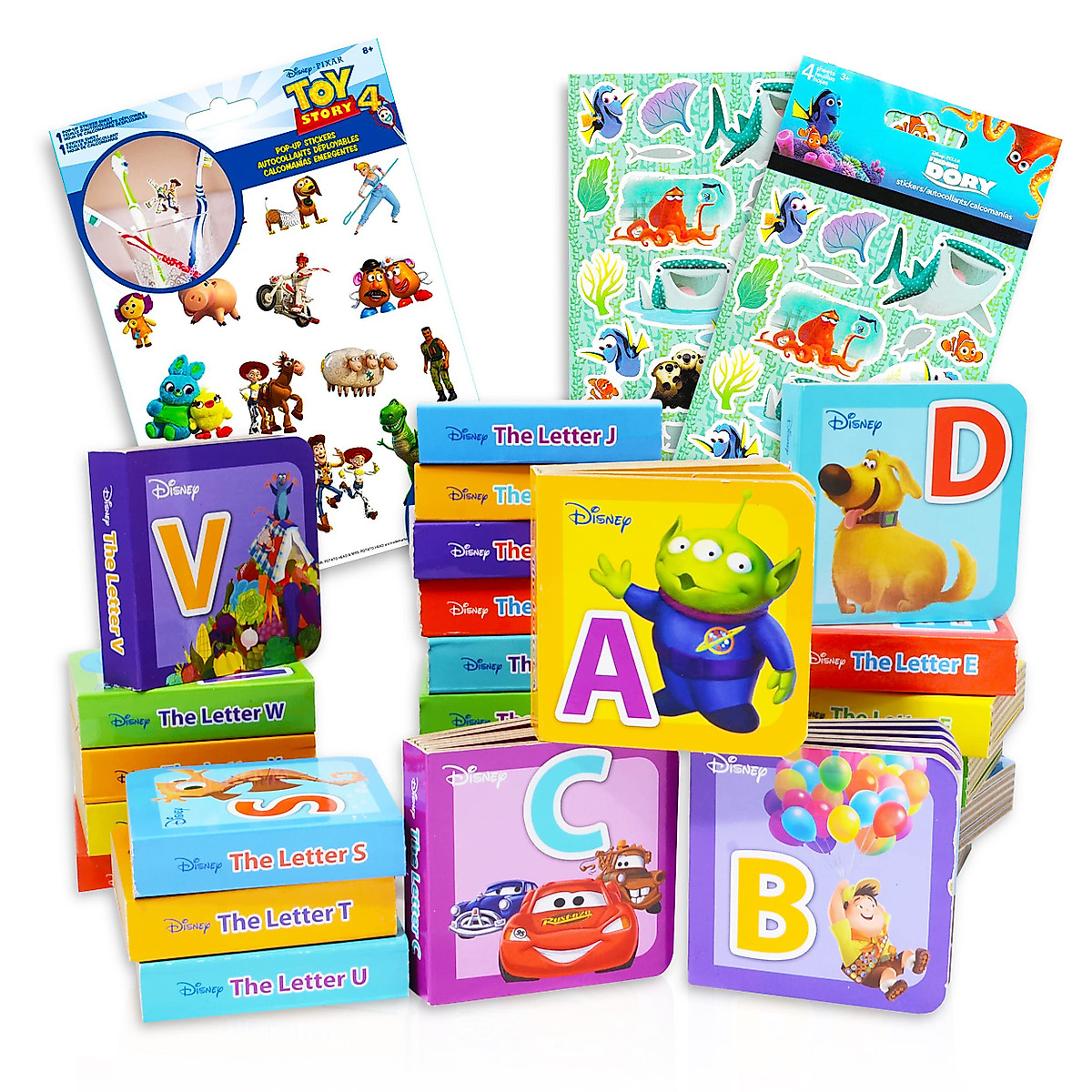 Disney Alphabet Book Bundle Disney Board Books Set ~ 26 Disney Pixar Alphabet Learning Books Disney Board Books For Toddlers with Stickers (Disney Educational Books)