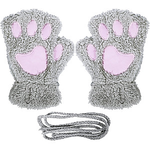 Loritta 2 Pairs Cat Paw Winter Plush Faux Fur Cute Kitten Fingerless Mittens Gloves,Black+Gray(2 Pairs)