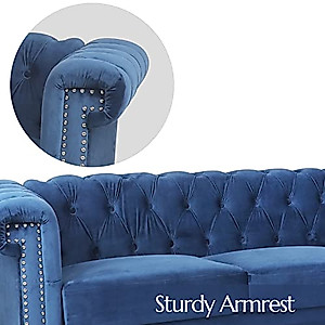 Vaztrlus Chesterfield Velvet Sofas for Living Room, Traditional Square Arm 3-Seater Sofa 82.5" Couch Deep Button Nailhead Tufted Blue Upholstered Couches Removable Cushion Easy to Assemble