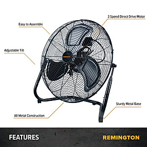 Remington 20" Industrial High Velocity Floor Fan with 3 Speed Settings and Pivoting Head. Use for Shop, Garage or Warehouse. All Metal Construction (20REM-F)