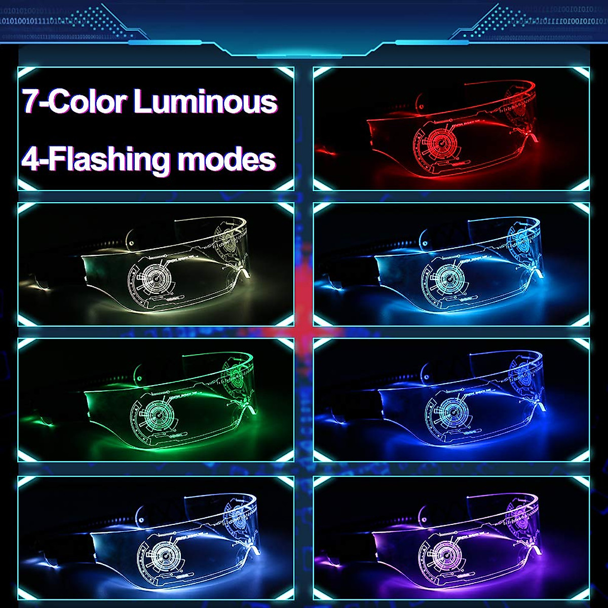 SAFEBAO LED Light Up Glasses for adult with 7 Colors and 4 Modes Rechargeable Futuristic style Glasses