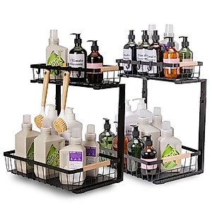 Under Sink Organizer and Storage, 2 Pack Adjustable Height Pull Out Cabinet Organizer Slide Out Sink Shelf Cabinet Storage Drawer with 8 Hooks, Under Sink Organizer for Kitchen Bathroom Cabinet