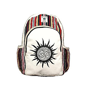 VIBRANIC Himalayan HEMP Laptop Backpack - THC Free - 13”/15” Laptop Compartment - All Natural Handmade - Multi-Pocket - Multi Stripe Om Print - Made in Nepal