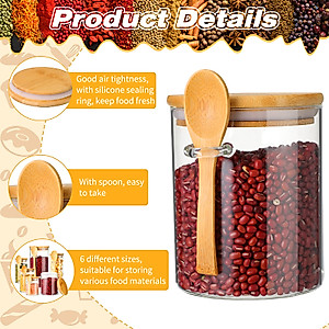 Hushee 6 Pieces of Glass Storage Jars, Clear Glass Food Storage Containers with Airtight Bamboo Lid and Spoon Glass Jars for Candy,Cookie,Rice,Sugar,Flour,Pasta,Nuts and Spice Jars