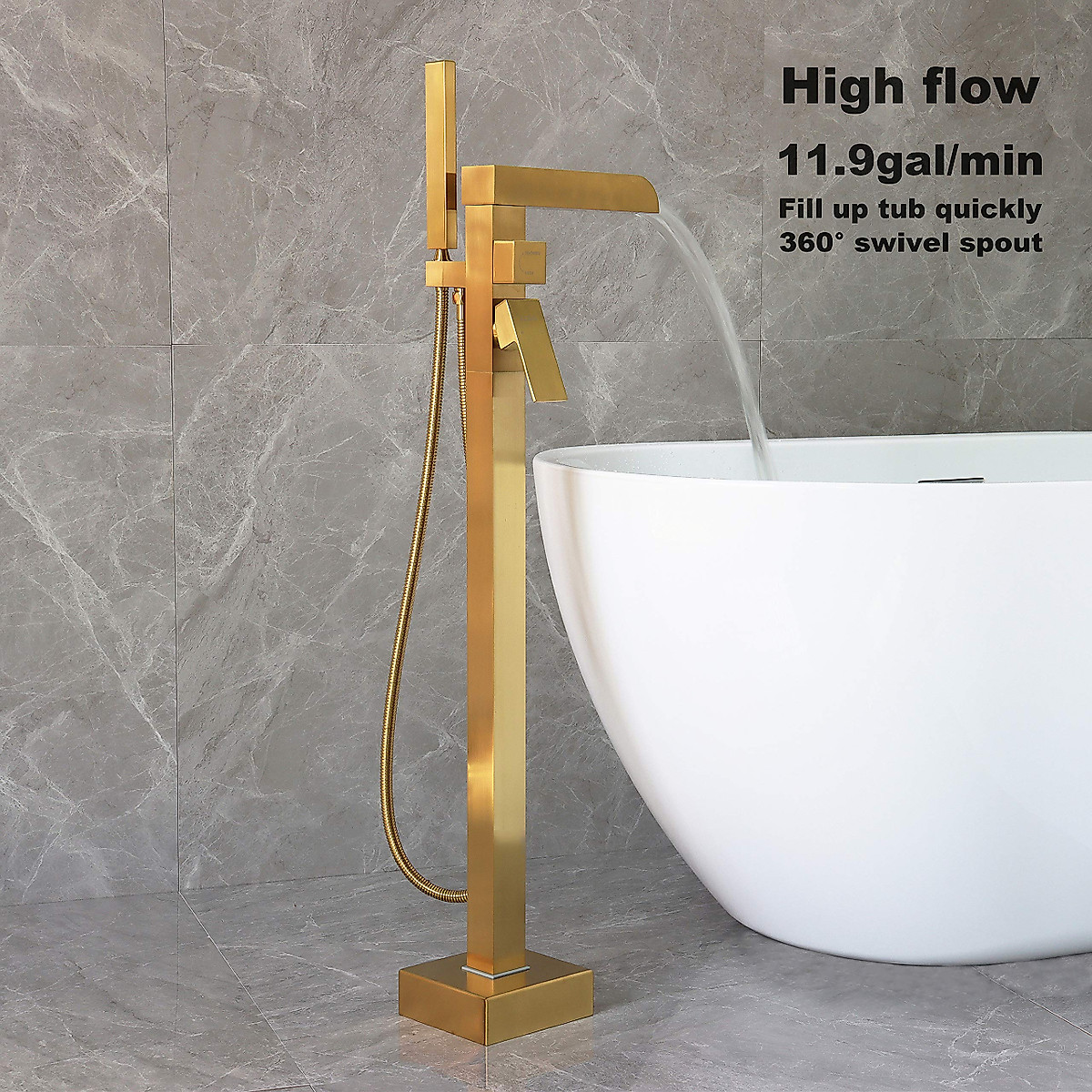 LLGG Freestanding Bathtub Faucet Tub Filler Brushed Gold Waterfall High Flow Rate 11.9GAL Floor Mounted Bathroom Mount Faucets with Hand Shower LLGG