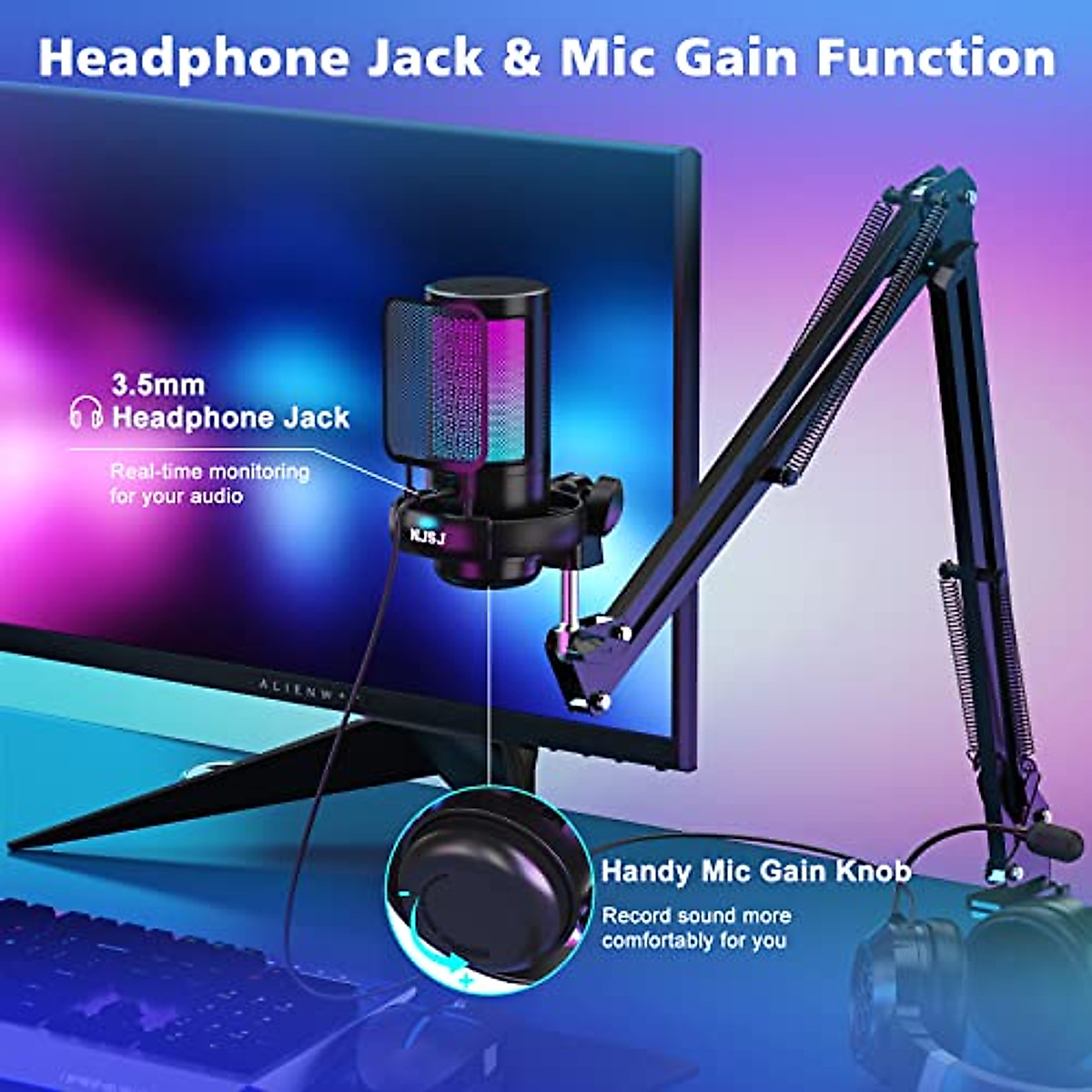 NJSJ USB Gaming Microphone for PC, Condenser Mic with Boom Arm for PS4/ PS5/ Mac/Phone with Touch Mute, RGB Lighting,Gain knob & Monitoring Jack for Streaming,Podcasting,YouTube