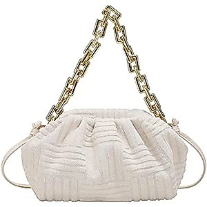 HDHTB Dumpling handbag cloud shape shoulder bag casual clutch purse pouch with chunky chain Jacquard velvet crossbody dupe (white)