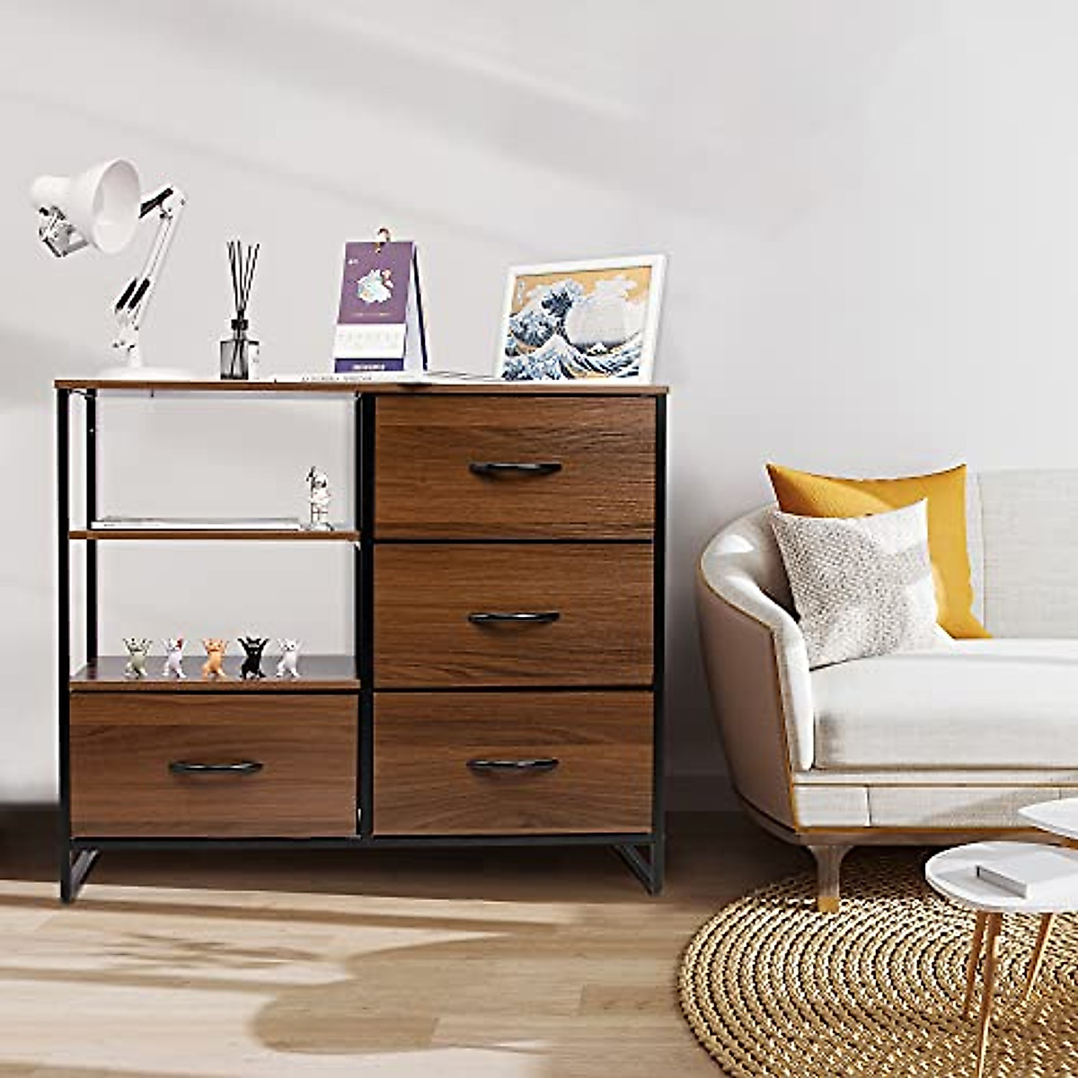 CONNOO Fabric Dresser with 4 Drawers and 2 Side Shelf, Lightweight Industrial Storage Unit Organizer for Entryway, Bedroom, Nightstand, Office, Kitchen
