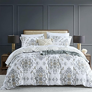 Bedduvit 100% Cotton Duvet Cover Queen Size - Soft Paisley Queen Duvet Cover Set, 3 Pieces All Season Reversible Damask Bedding Comforter Sets with 2 Pillow Shams, White/Yellow, 90"x90"