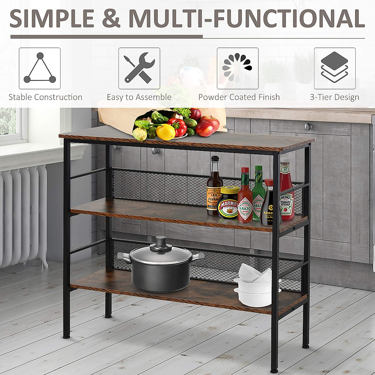 HOMCOM 3-Tier Console Table Industrial Style Storage Metal Wooden Shelf with a Robust Multi-Functional Design & Adjustable Feet, Black