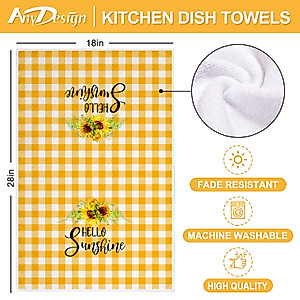 AnyDesign Sunflower Dish Towel 18x28 Inch Spring Summer Tea Towel Orange White Buffalo Plaids Flower Dishcloth Hello Sunshine Gnome Decorative Hand Towel for Bathroom Cooking, 4Pcs, A0196