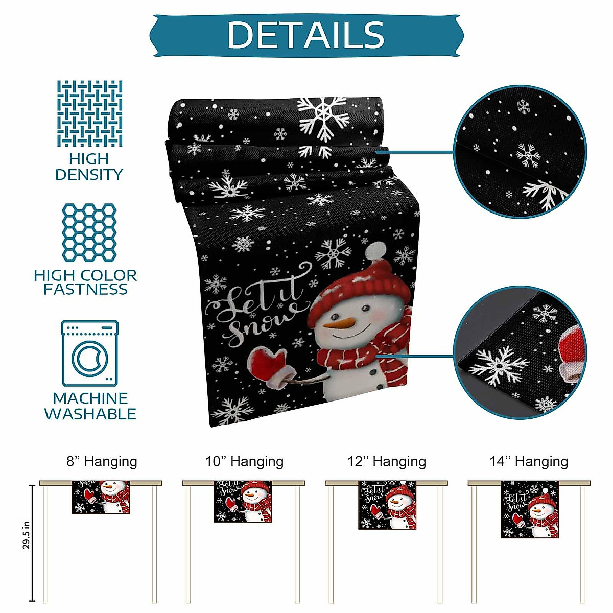 Black Snowman Christmas Table Runner 60 Inches Long, Xmas Winter Snowflake Farmhouse Dress Scarves, Classic Black Dining Tablerunner for Coffee Table/Kitchen Island/Party Christmas Décor, 13" x 60"