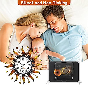 HOBYLUBY 13'' Sun Outdoor Clock, Metal Outdoor Wall Clock Silent Non-Ticking for Patio, Kitchen, Living Room