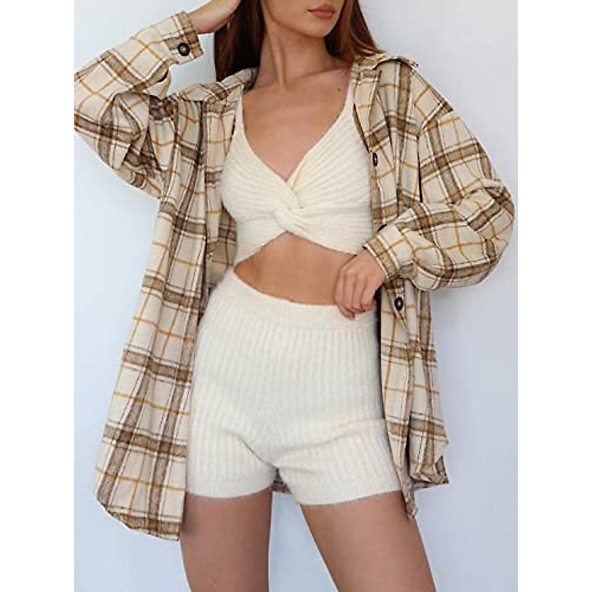 ZAFUL Women's Plaid Long Sleeve Shirt Button Down Wool Blend Thin Jacket Casual Blouse Tops with Pocket